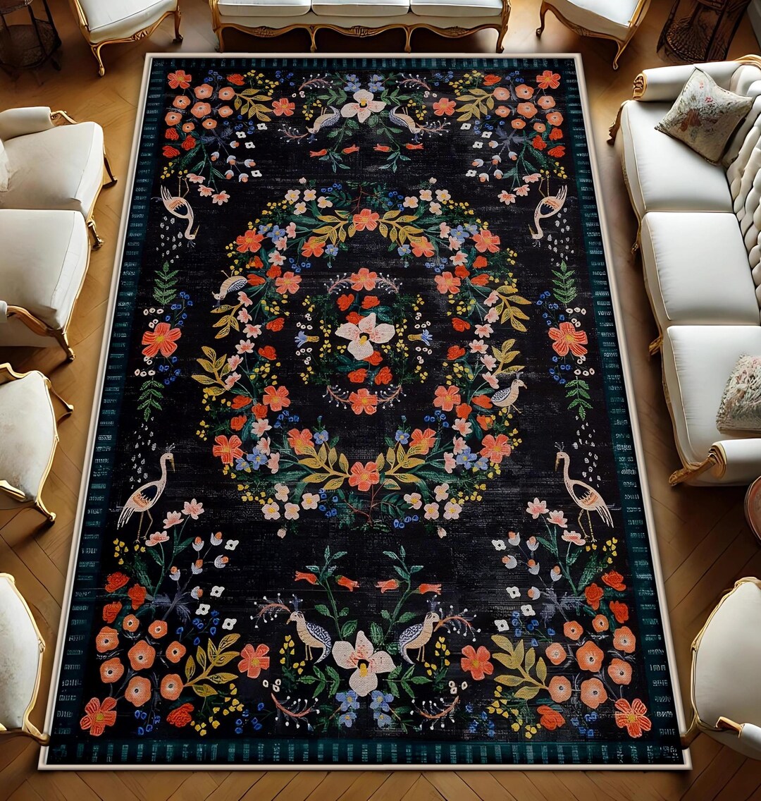 Dark Floral Area Rug for Living Room – Vintage Flower Pattern Carpet ...