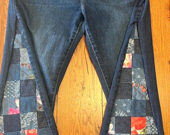Upcycled Denim Jeans With a Custom Denim Patchwork W/red Quiltedflare ...