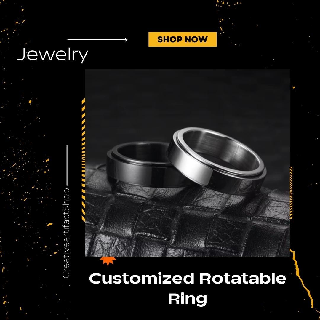 Fidget Spinner Ring Custom Engraved 4mm Black/silver, Unisex Ring ...