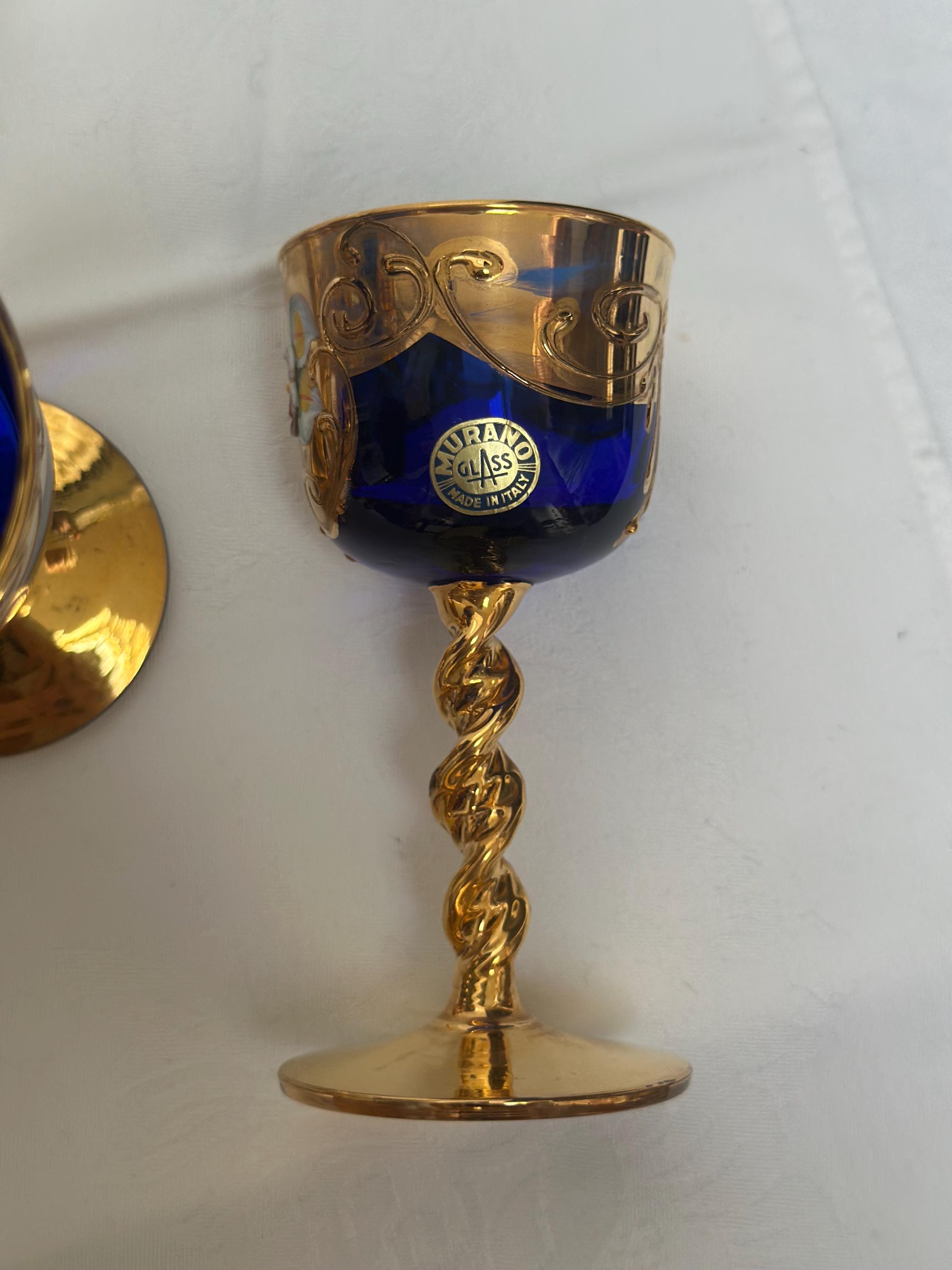 Vintage Murano Salvadori Tre Fuochi Six Blue Hock Small Glasses With ...