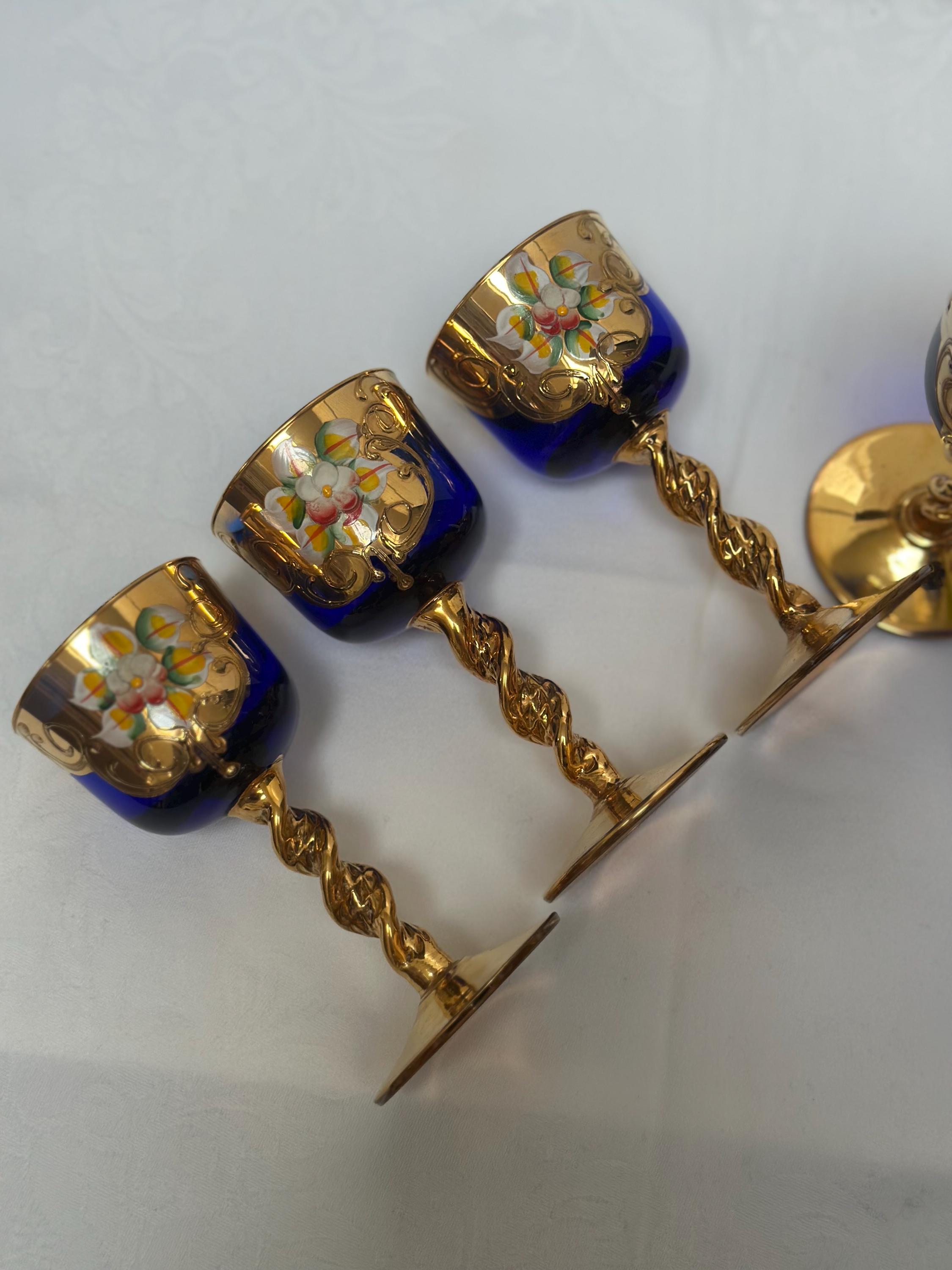 Vintage Murano Salvadori Tre Fuochi Six Blue Hock Small Glasses With ...