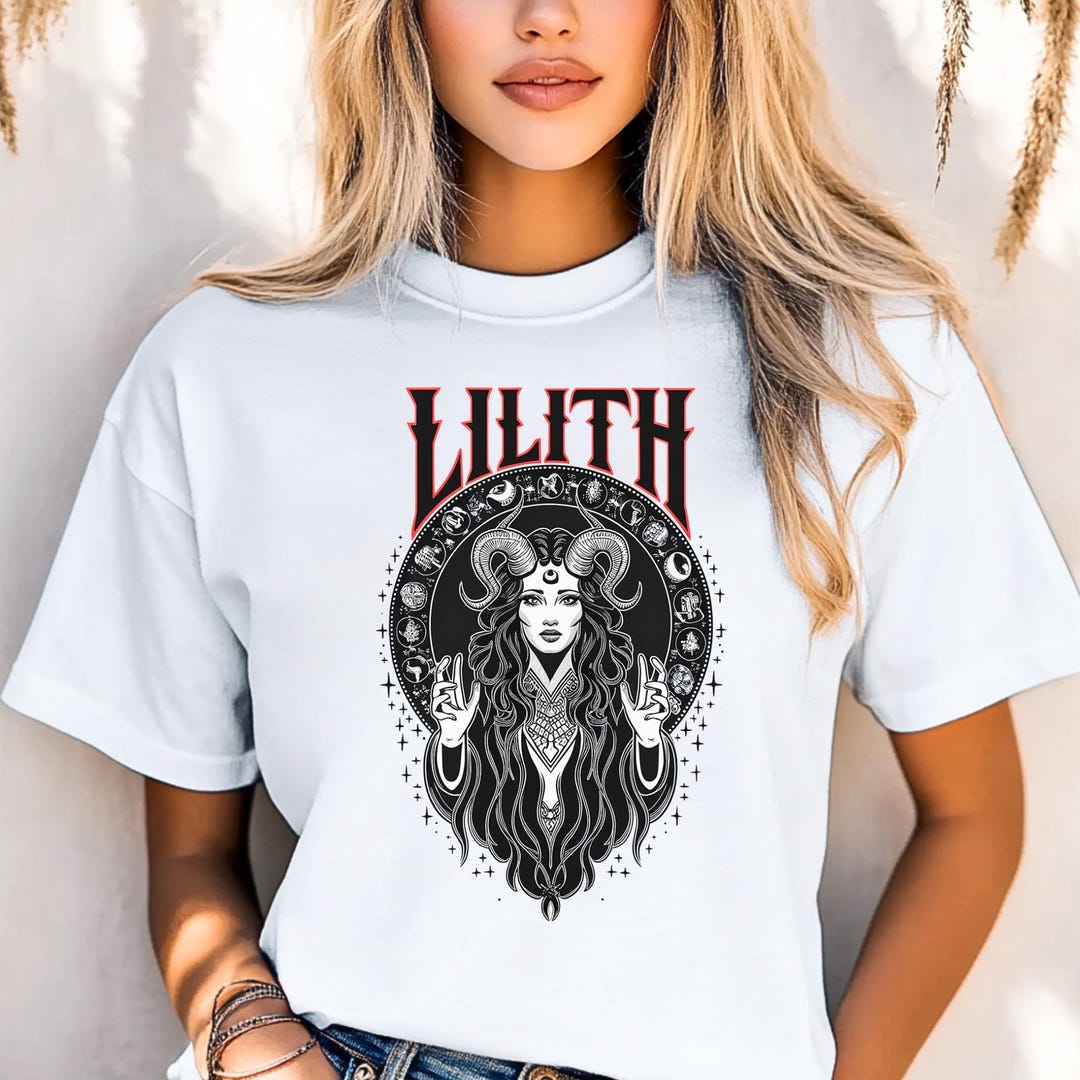 Lilith Gothic Occult Tee, Dark Celestial Sigil Fashion Horned Goddess ...