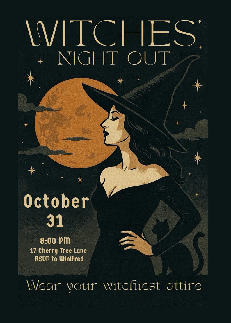 Vintage Gothic Witch Party Invitation: Elegant Halloween Girls Night ...