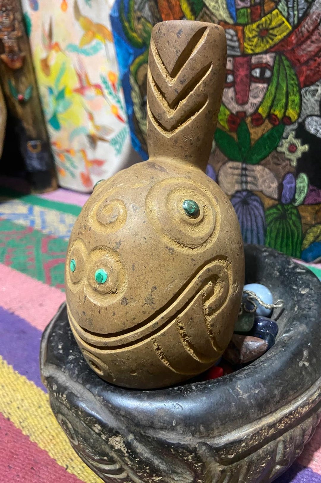 Rare Chavin Hand-carved Stone Head With Peruvian Turquoise | Sacred ...