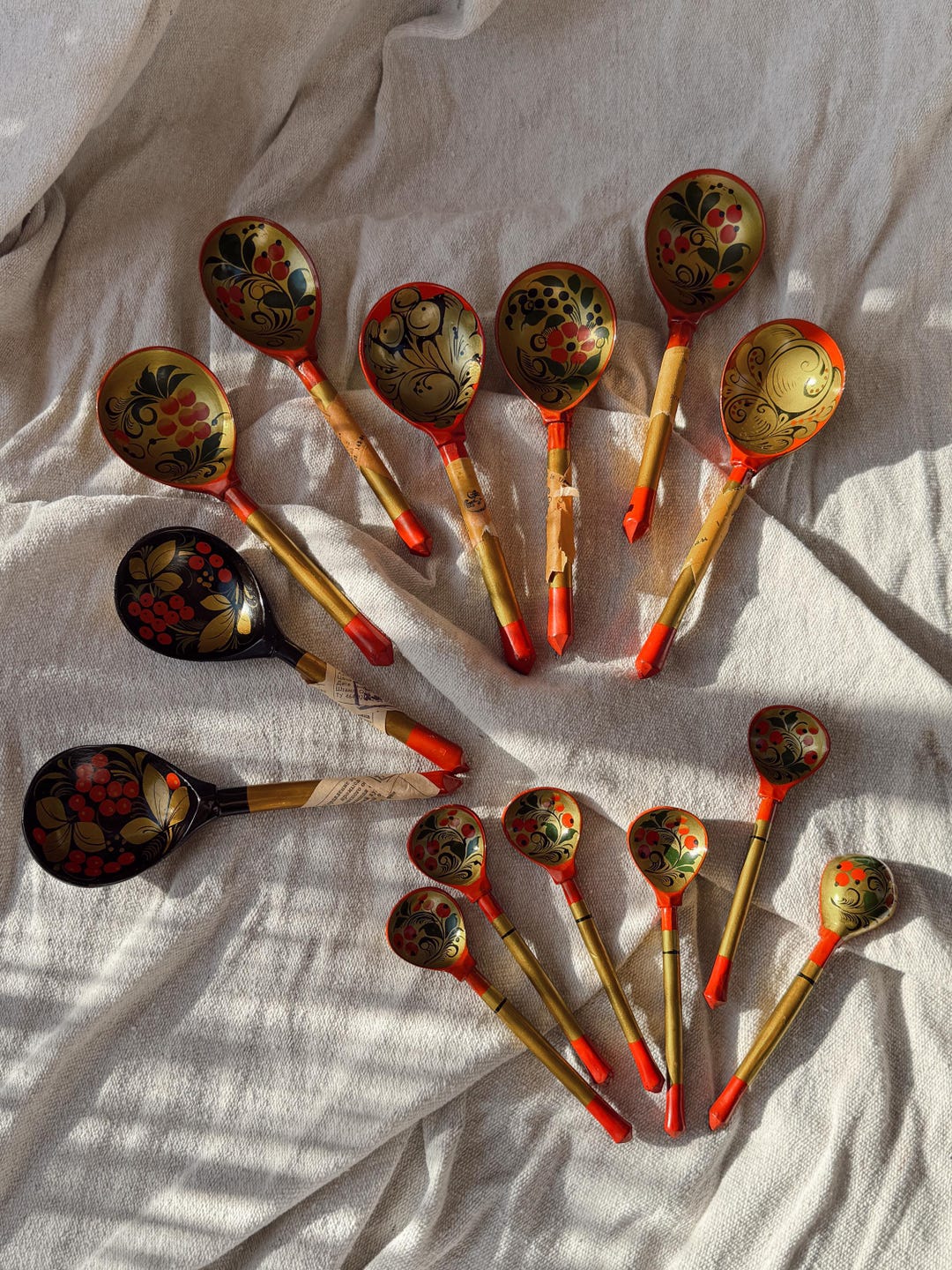 Vintage Khokhloma Spoons, 1970s–80s USSR Russian Hand-painted Wooden ...