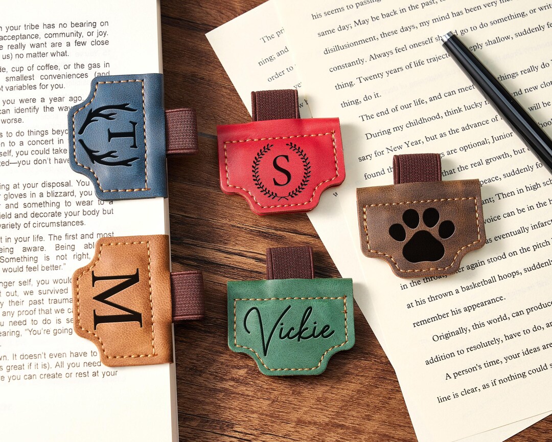 Personalized Leather Magnetic Bookmark With Pen Holder, Custom Engraved ...