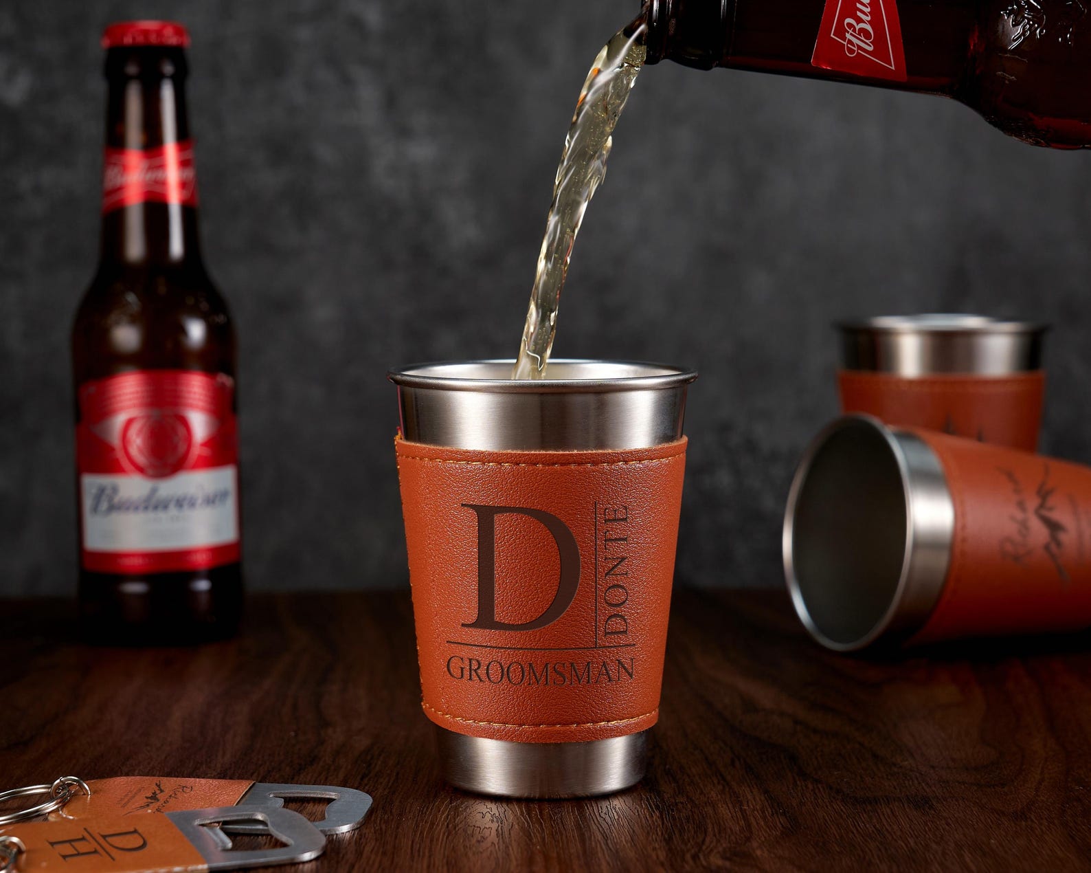 Engraved Beer Mug With Leather Sleeve, Custom Beer Cup & Bottle Opener ...