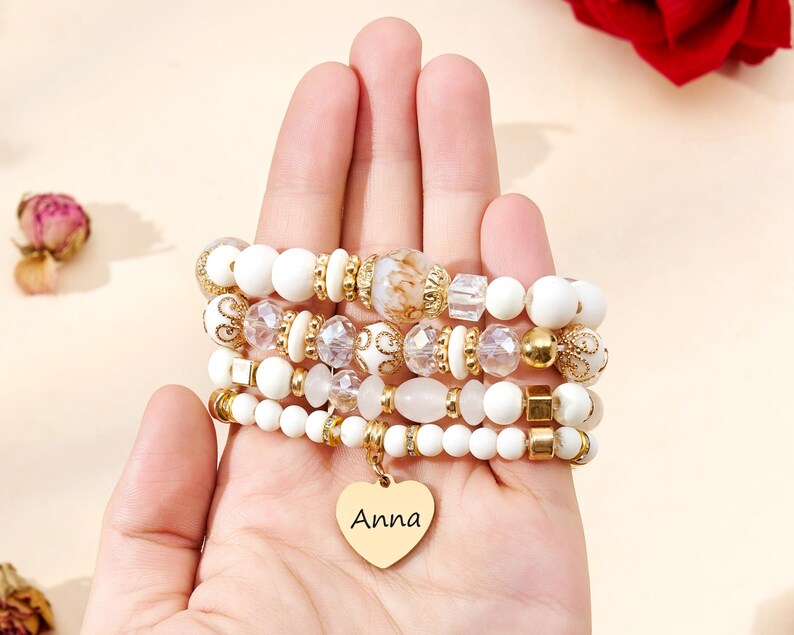 4pcs Stacking Beaded Bracelets With Double-sided Engraved Heart Pendant ...