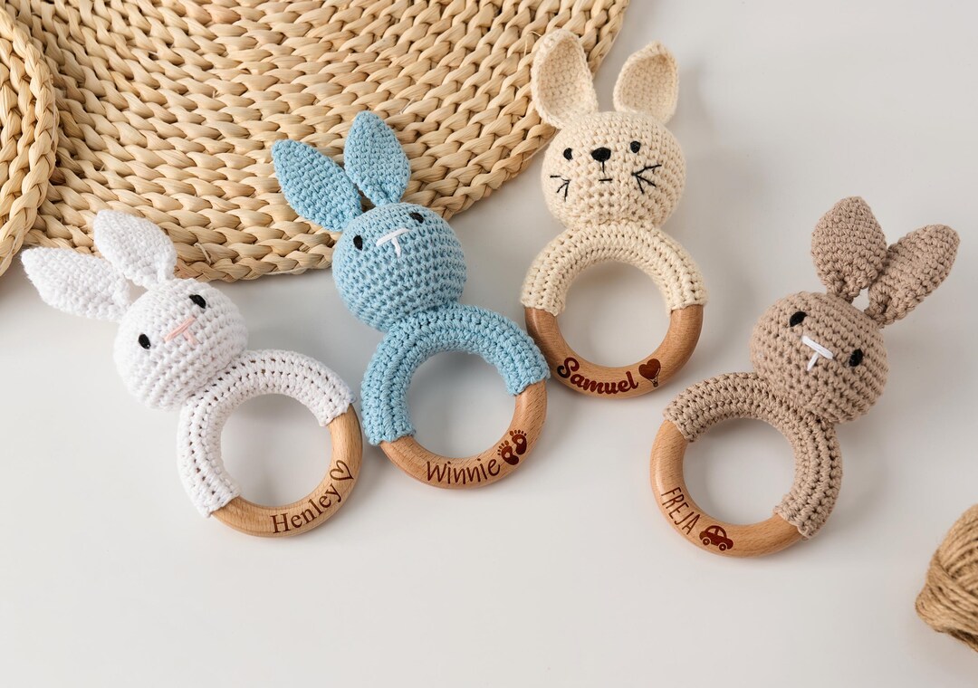 Personalized Bunny Crochet Rattle for Baby, Custom Wooden Baby Rattle ...