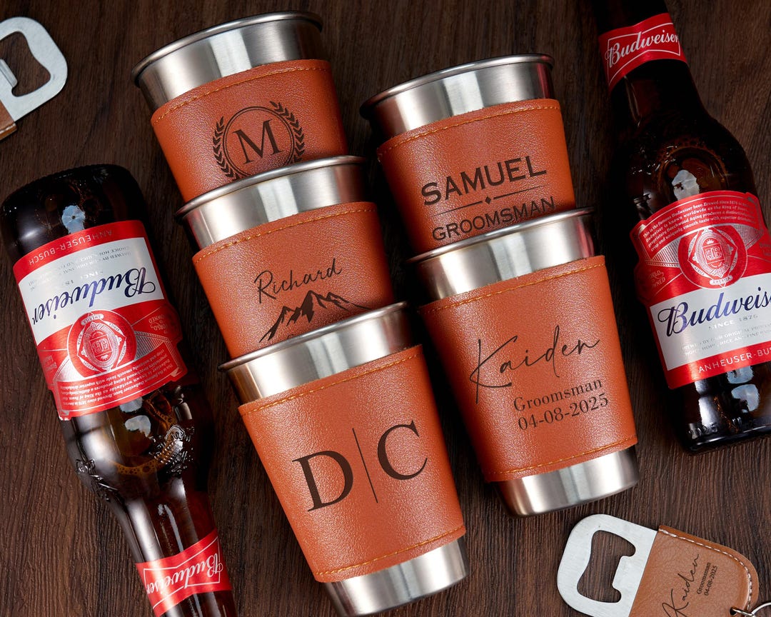 Personalized Beer Cup With Leather Can Holder, Engraved Beer Mug for ...