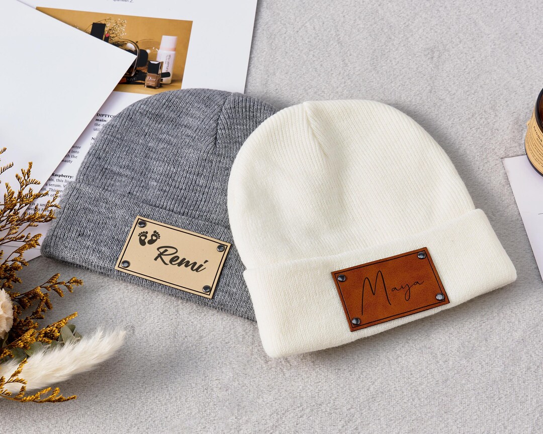 Custom Engraved Parent-child Beanies With Leather Patch, Personalized ...