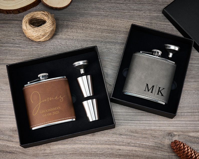 Premium Engraved Leather Flask Gift Set for Groomsmen, Personalized ...