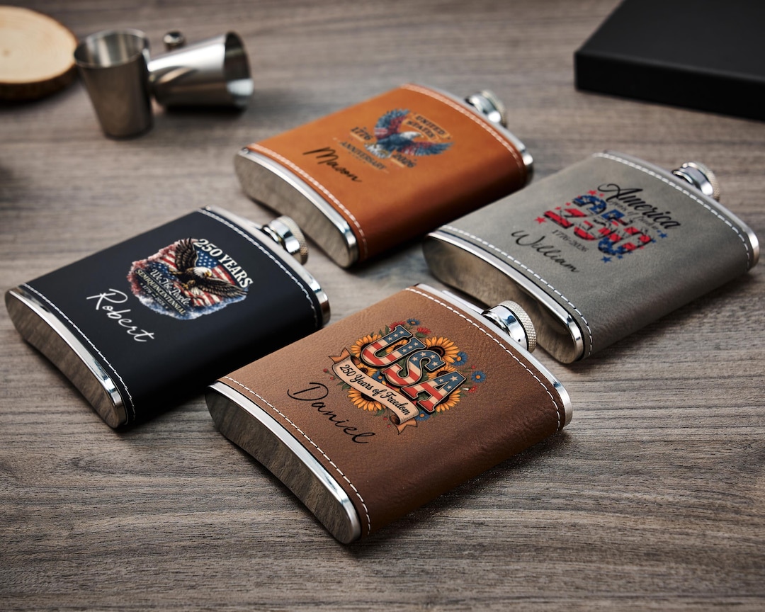 Personalized PU Leather Flask Set, USA 250 Years Theme, Custom Hip ...