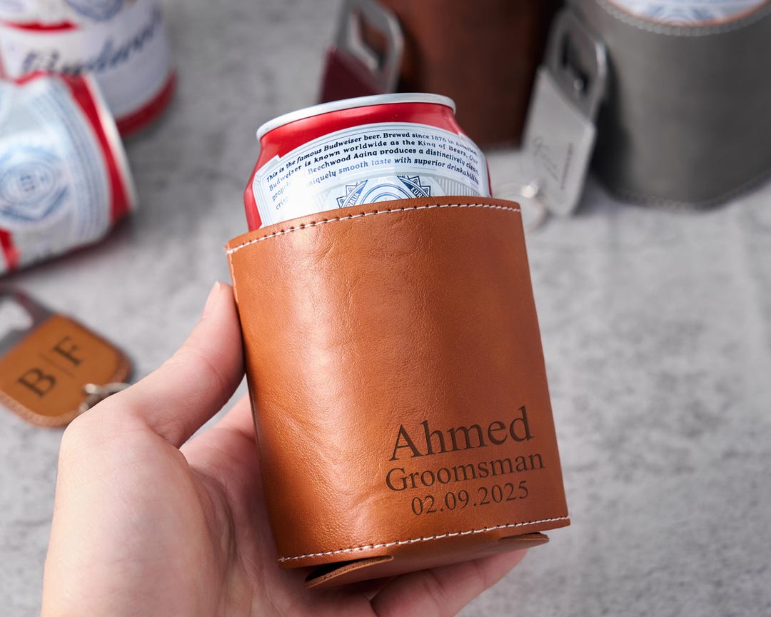 Leather Beer Can Holder, Personalized Groomsmen Gift Set With Bottle ...