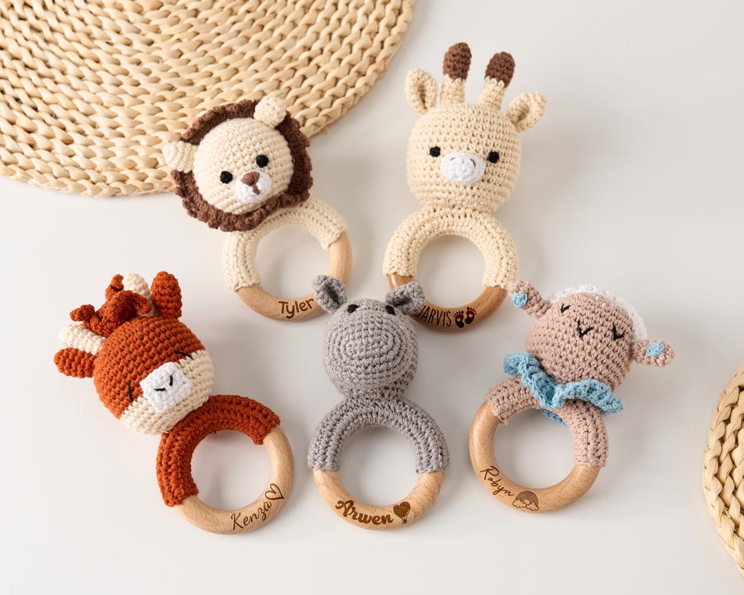 Custom Crochet Baby Rattle, Personalized Lion, Giraffe, Animal Teether ...