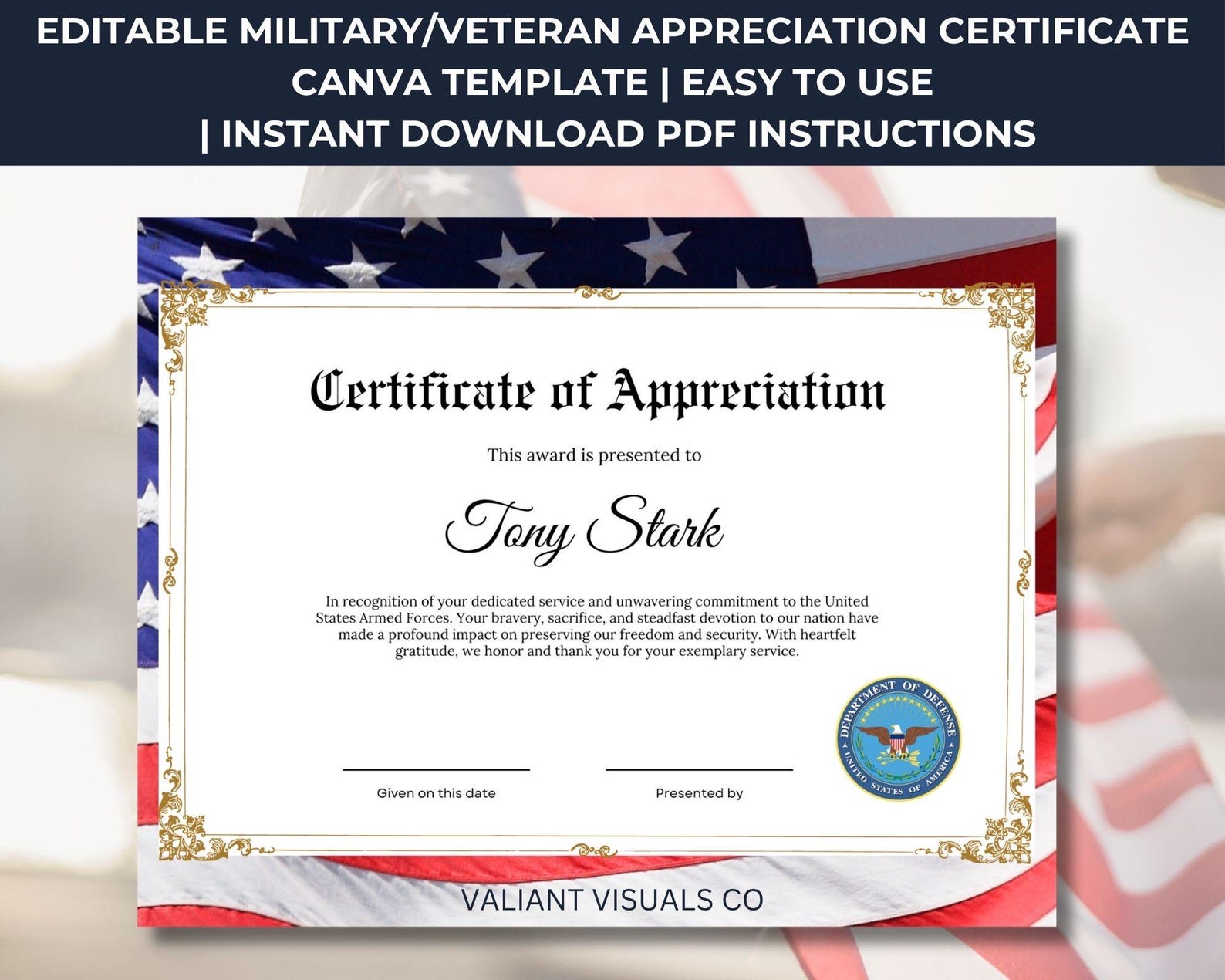 Fully Editable Military Certificate of Appreciation Canva Template ...