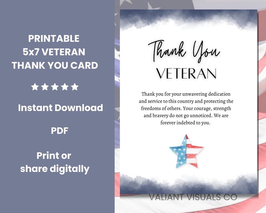 Printable Thank You Veteran Card | 5x7 Instant Download | Military ...