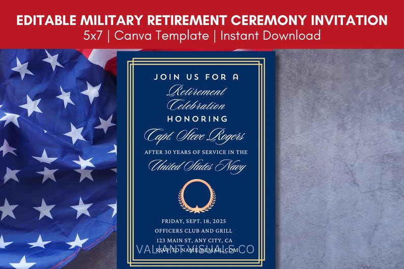 Elegant Military Retirement Ceremony Invitation Template | Editable 5x7 ...