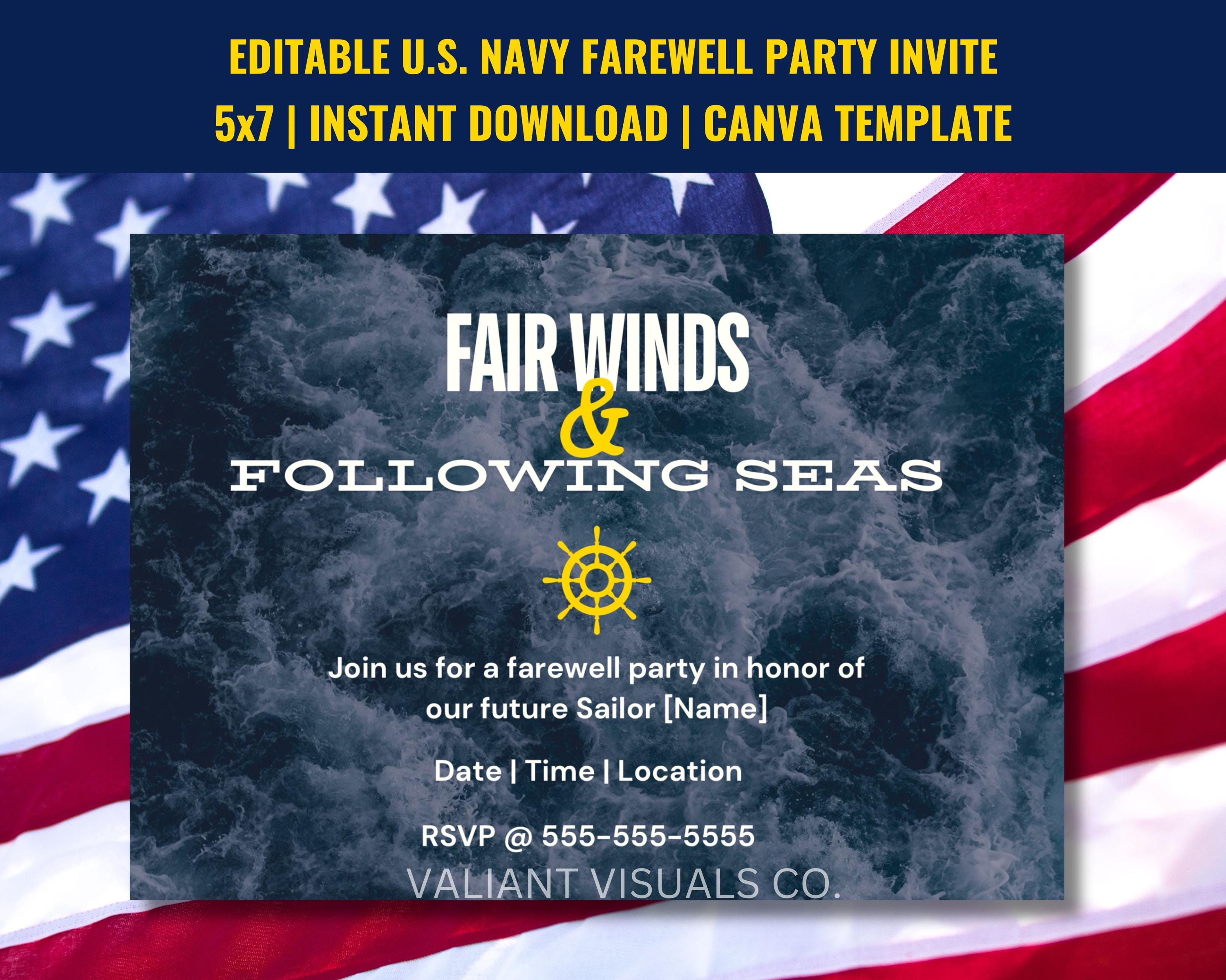 Editable U.S. Navy Farewell Invitation 5x7 Canva Template | Nautical ...