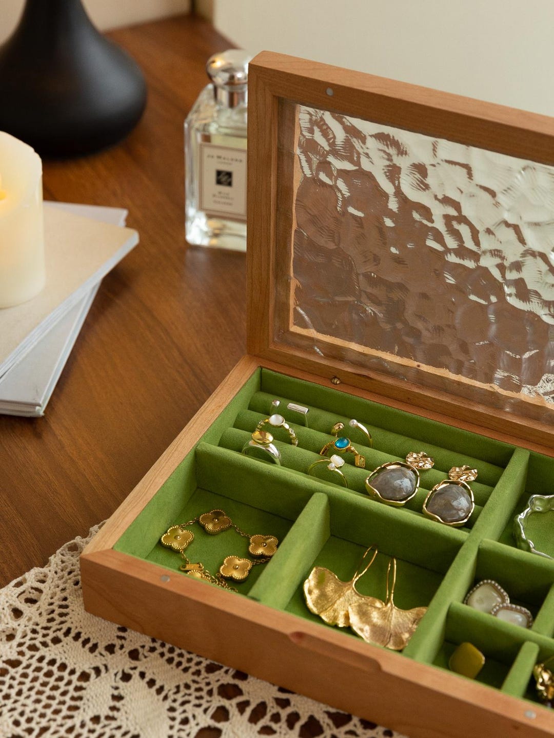 Customized Solid Wood Glass Jewelry Box |vintage Green Jewelry Box ...