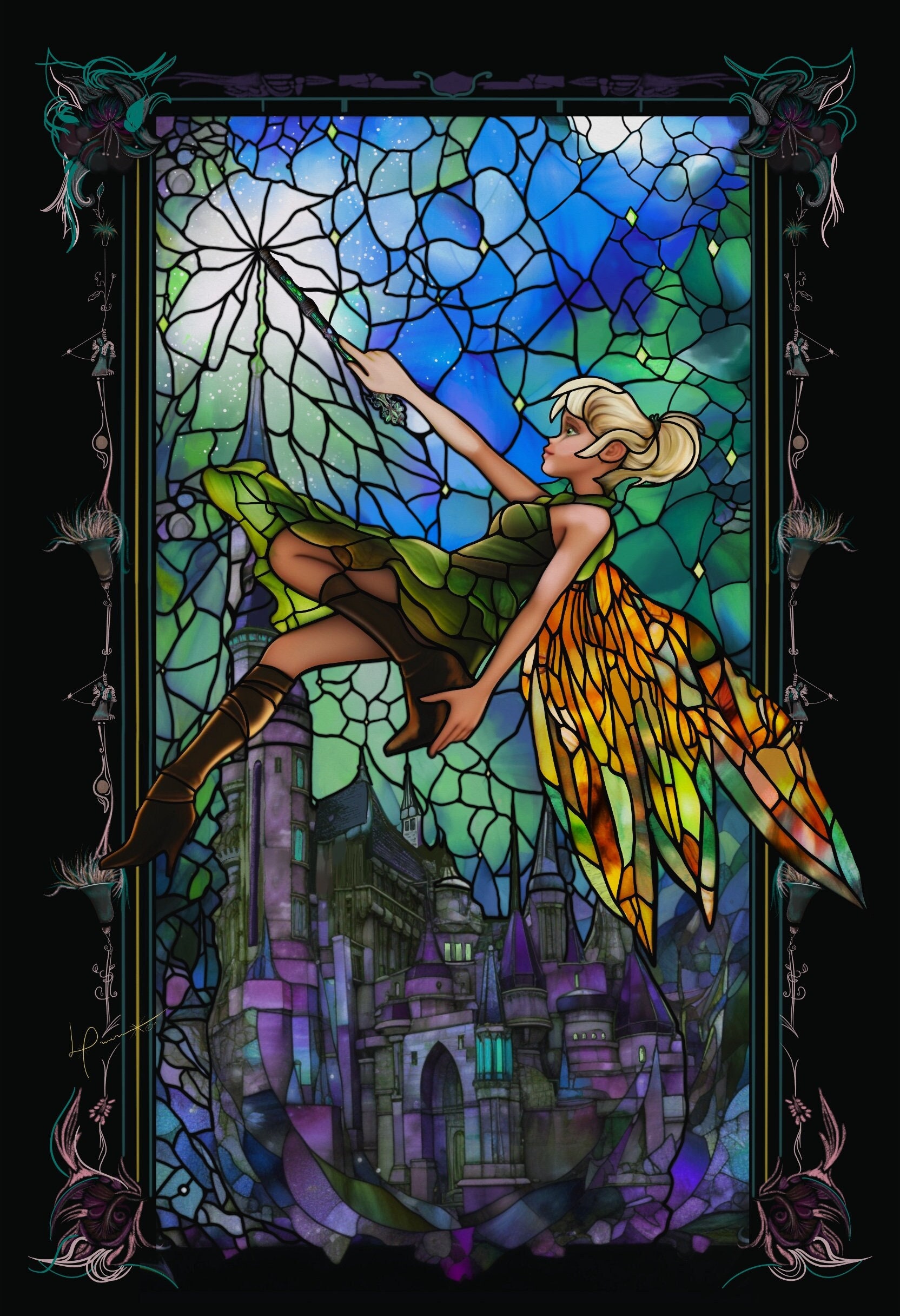 Tinkerbell Lights the Night/ a Museum Quality Giclee Print/stained ...