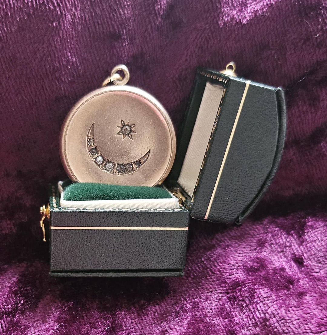 Antique Moon & Star Locket Pendant Gold Paste Crescent Celestial Caron ...