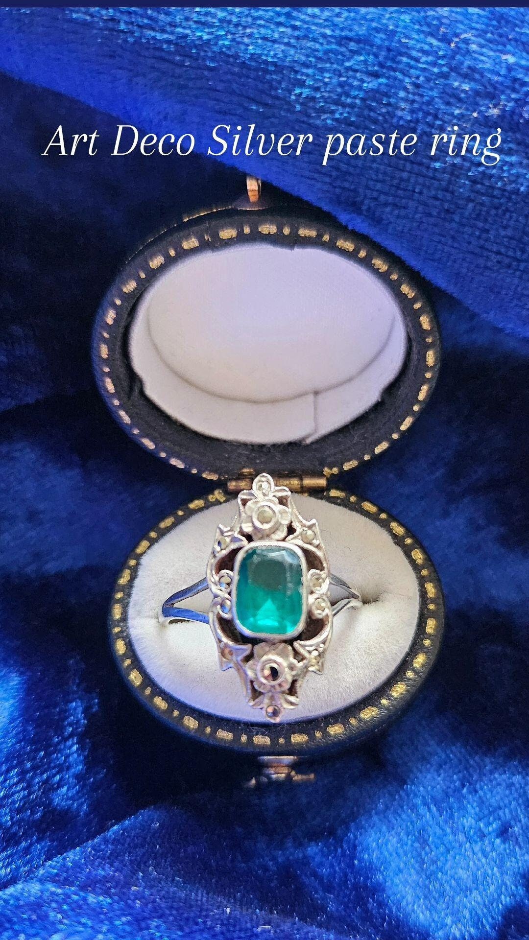 Art Deco Silver Emerald Paste Ring Marcasite N 7 Caron Power Jewellery ...