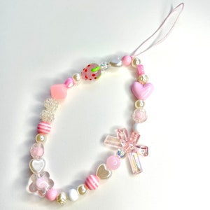 Pink Strawberry Heart Bow Mobile Phone Charm Lanyard Wrist Strap Gift ...