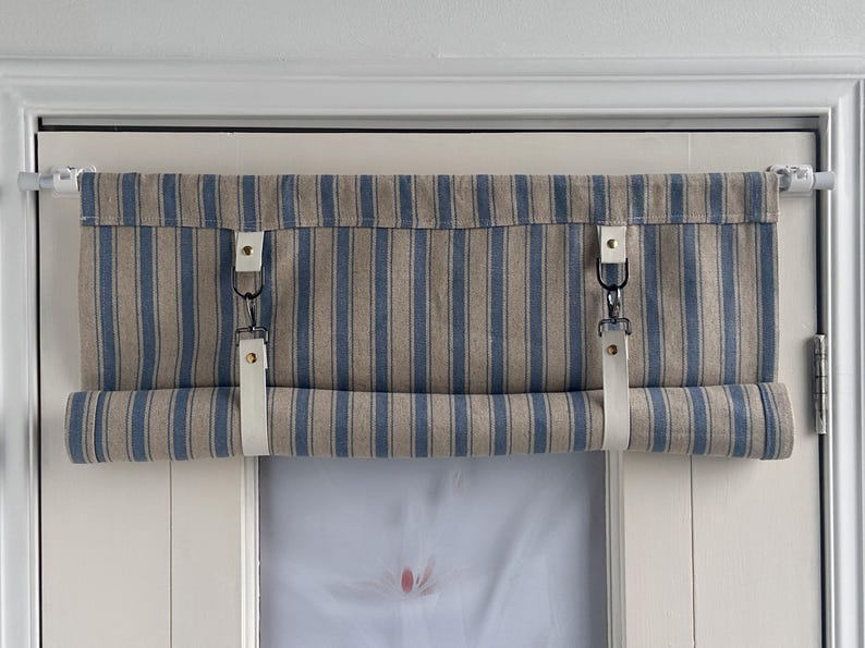 Beige Stripe Roll up Shade, French Door Curtain Valance With Velcro ...