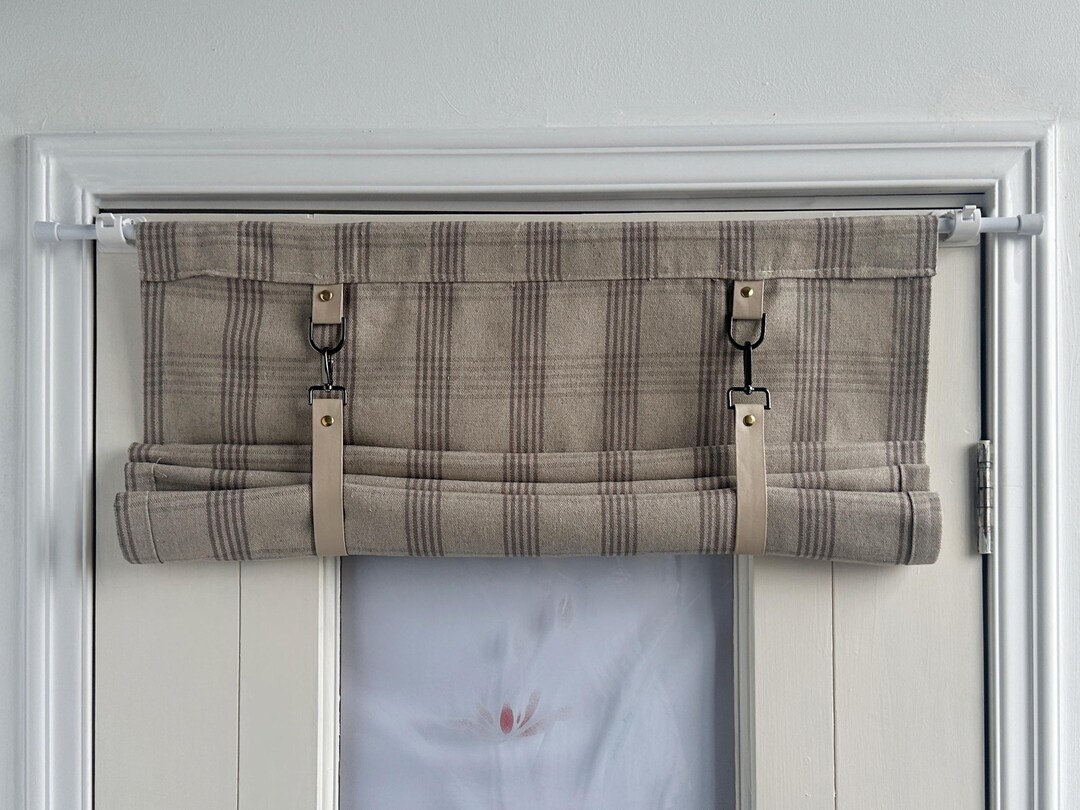 Beige Stripe Roll up Shade, French Door Curtain Valance With Velcro ...