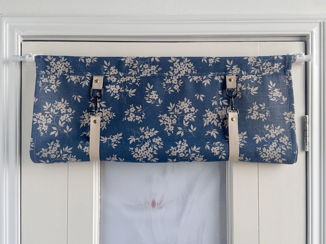 Navy Blue Roll up Shade, Beige Floral Patterned Valance, Leather Roll ...
