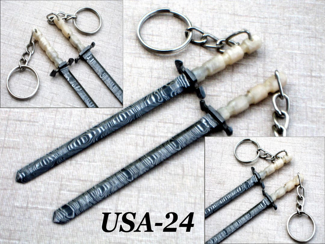 Pair of Damascus Steel Sword Keychains | Handmade Key Rings | Gift for ...