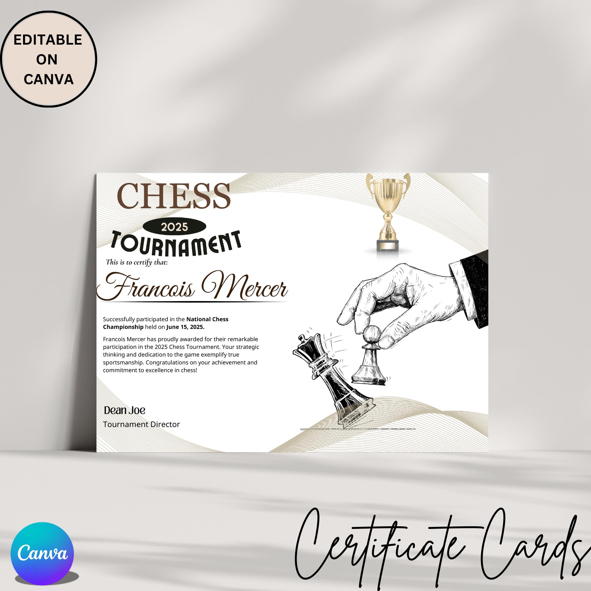 Chess Award Certificate Template | Editable Canva Tournament Trophy ...