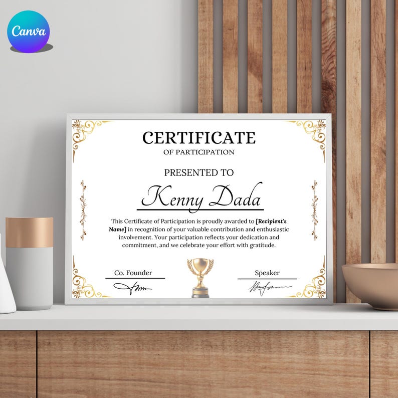 Editable Participation Award Certificate Template, Canva Printable ...