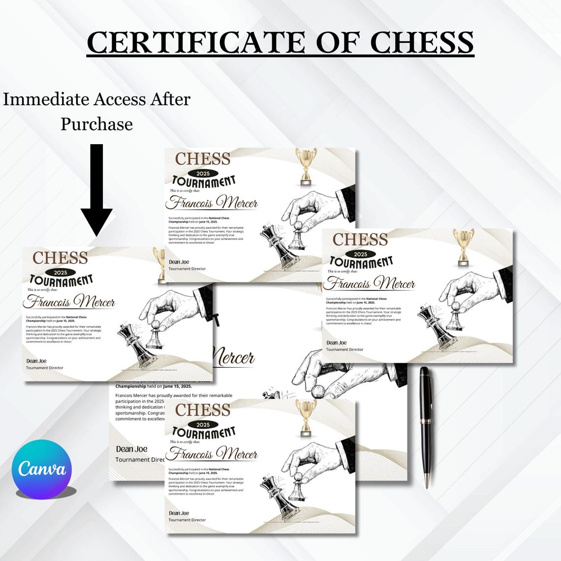 Chess Award Certificate Template | Editable Canva Tournament Trophy ...