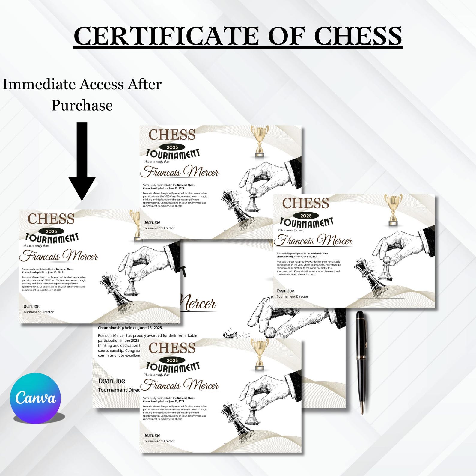 Chess Award Certificate Template | Editable Canva Tournament Trophy ...