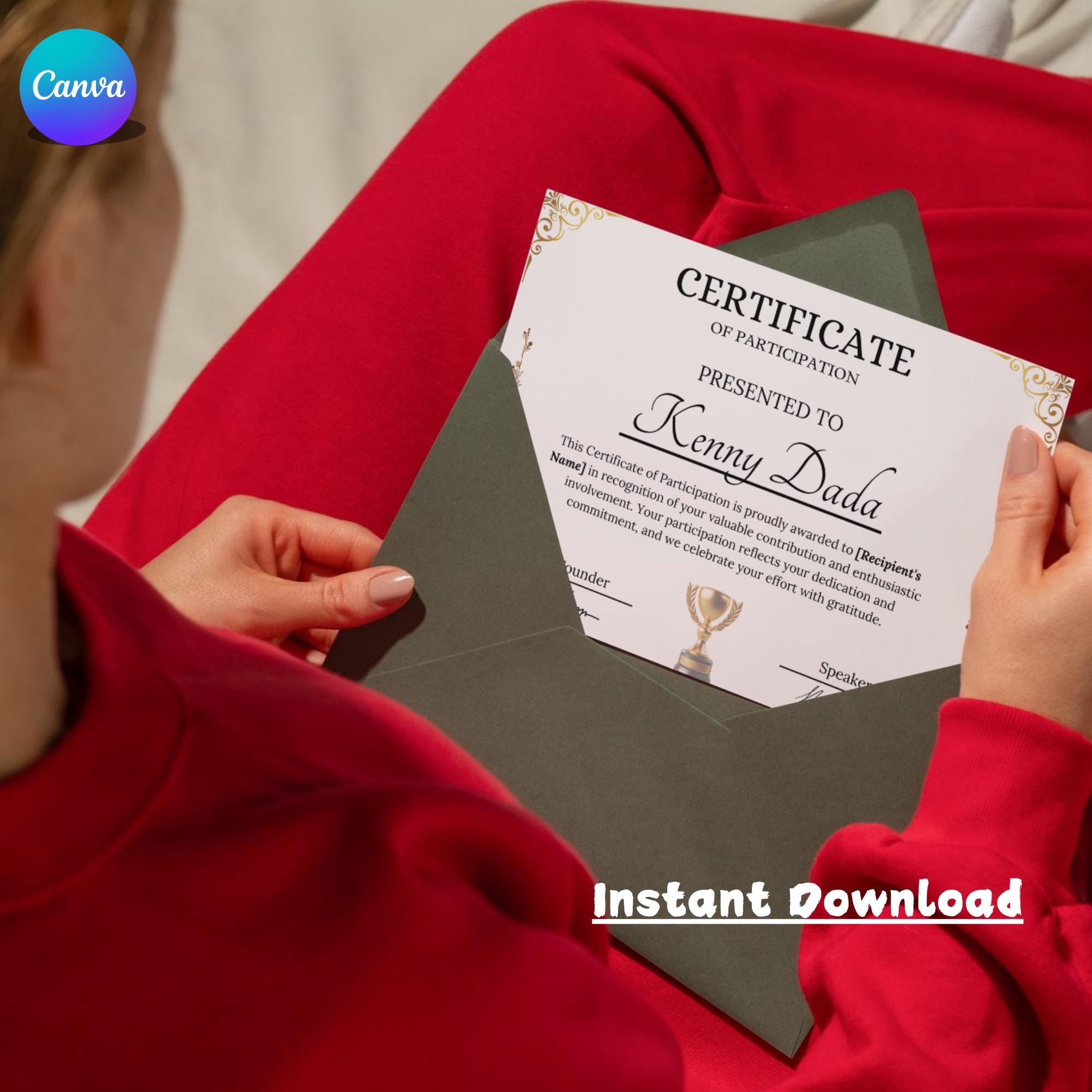 Editable Participation Award Certificate Template, Canva Printable ...