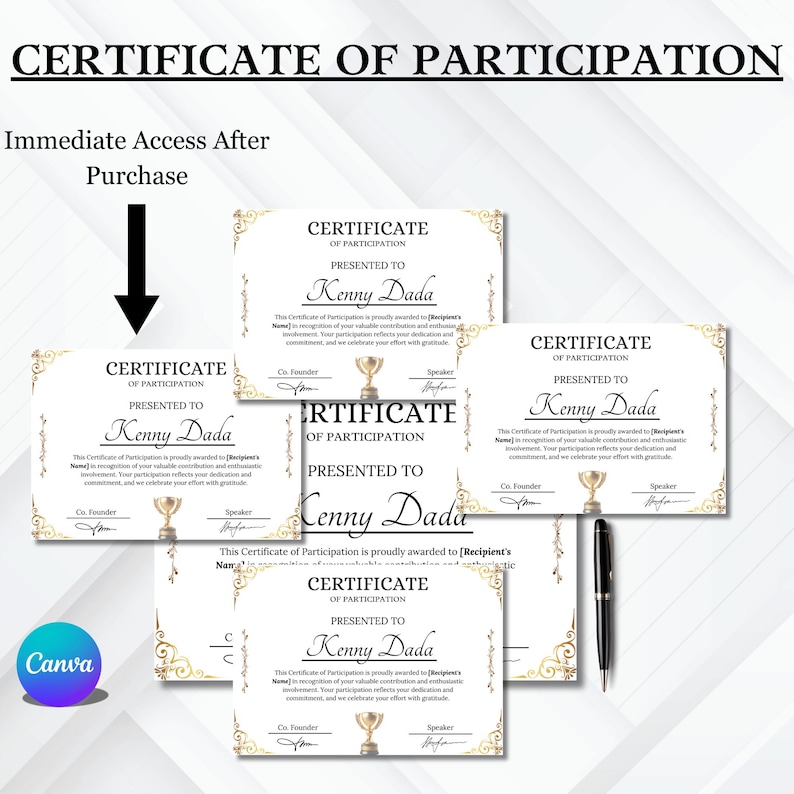 Editable Participation Award Certificate Template, Canva Printable ...
