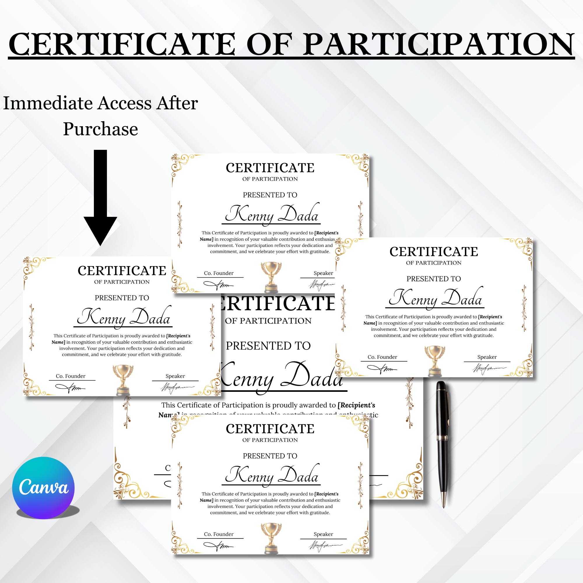Participation Award | Editable Template | Canva Certificate | Printable ...
