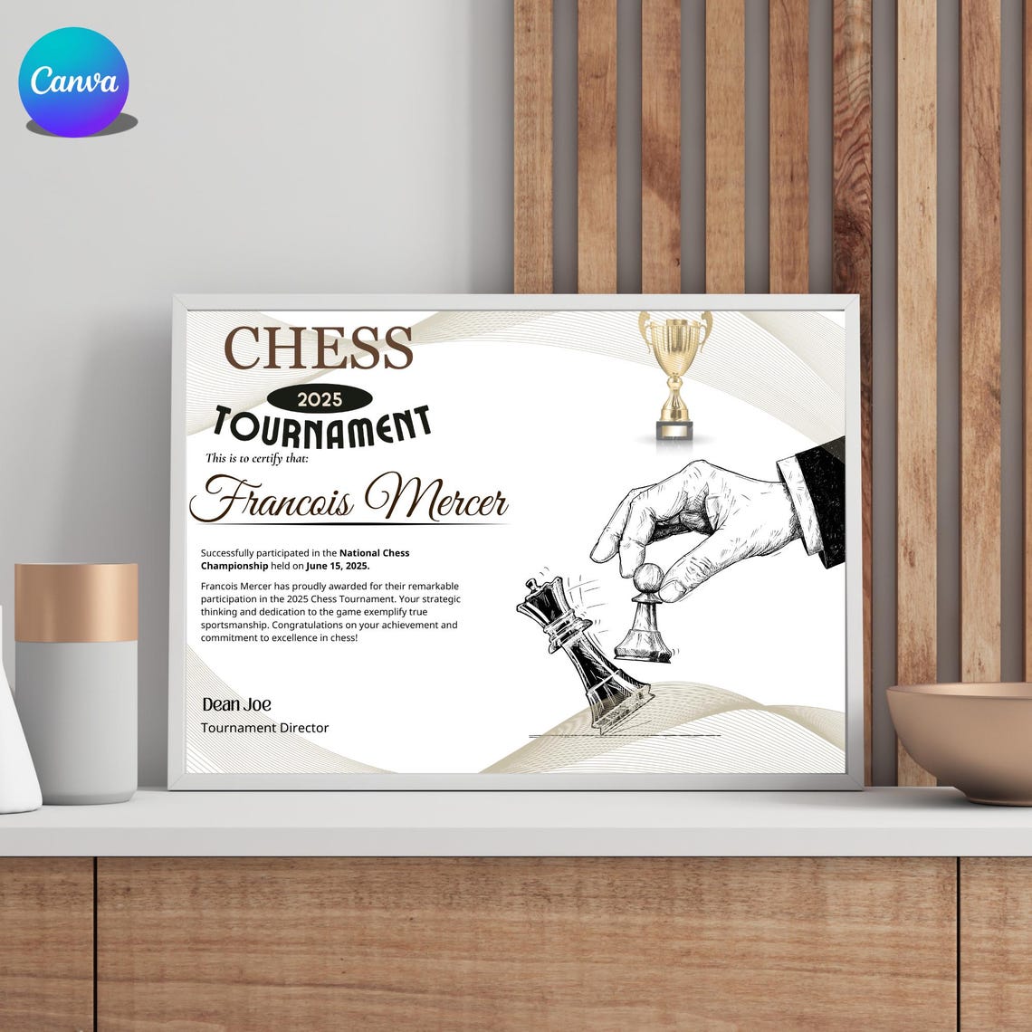 Chess Award Certificate Template | Editable Canva Tournament Trophy ...