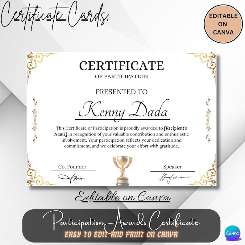 Editable Participation Award Certificate Template, Canva Printable ...