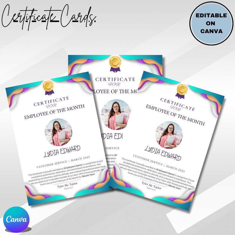Employee Award Appreciation Cert Editable Cert Photo Cert Design Gift ...