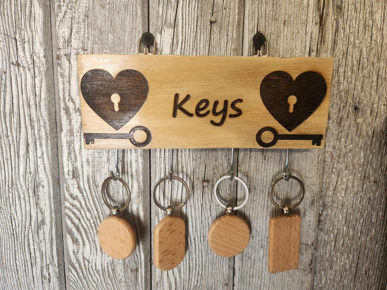 Rustic Heart Key Lock Themed Key Rack Laser Engraved 4 Hooks 2 D Ring ...