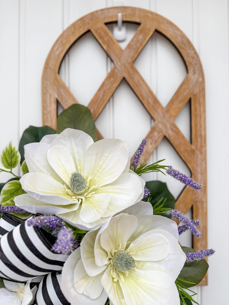 Farmhouse Magnolia Arch Wall Decor With Black and White Striped Ribbon ...