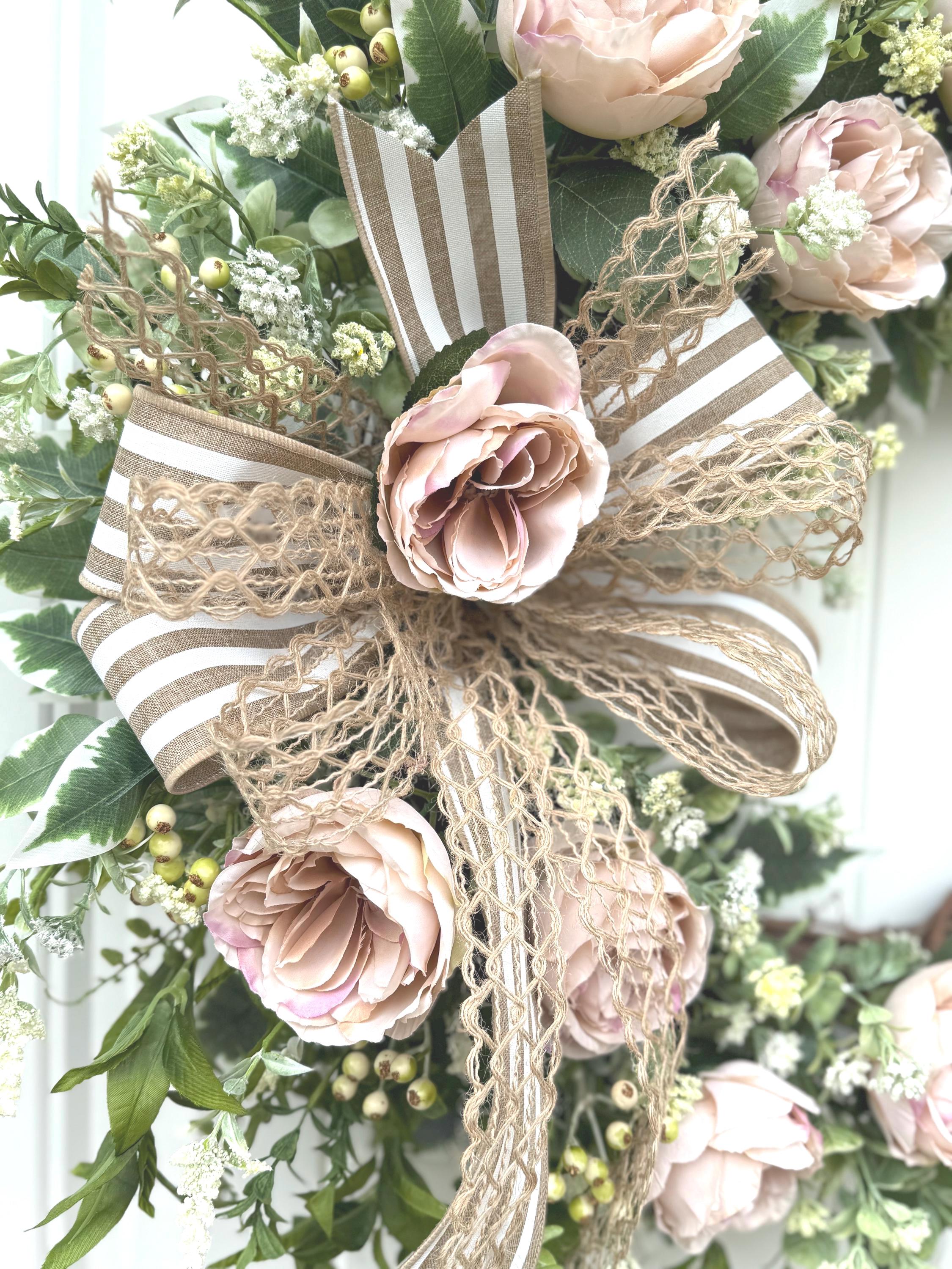 Blush Pink Cabbage Rose Wreath for Front Door – Rustic Grapevine Wreath ...