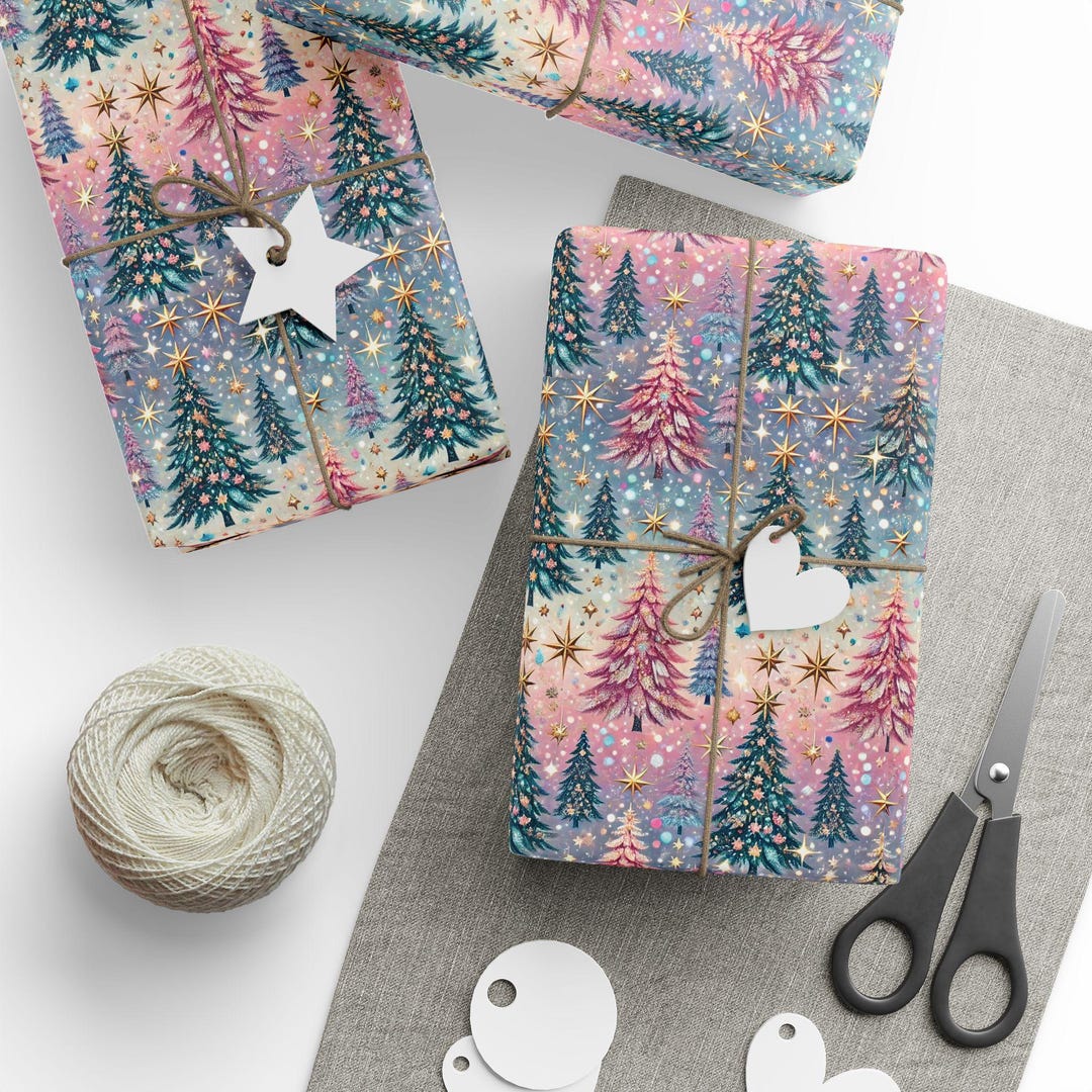 Pastel Christmas Tree Wrapping Paper Festive Holiday Gift Wrap Winter ...