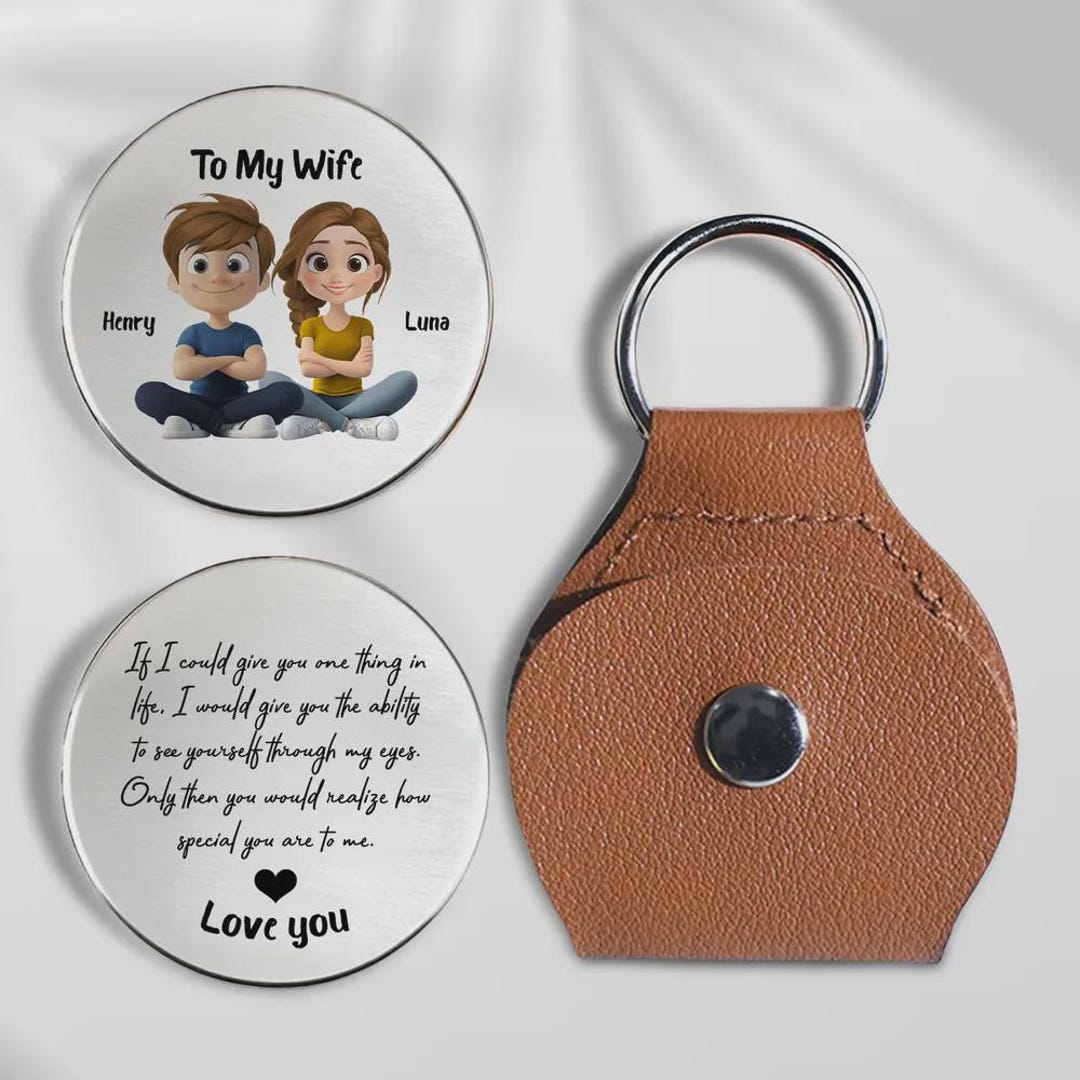 Personalized Pocket Hug Coin, Engraved Names, Leather Case Keychain ...