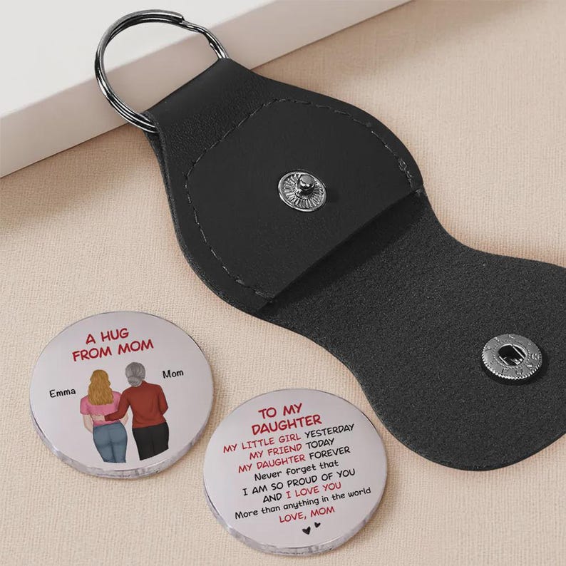 Personalized 'hug From Mom' Keychain: Stainless Steel & Leather ...