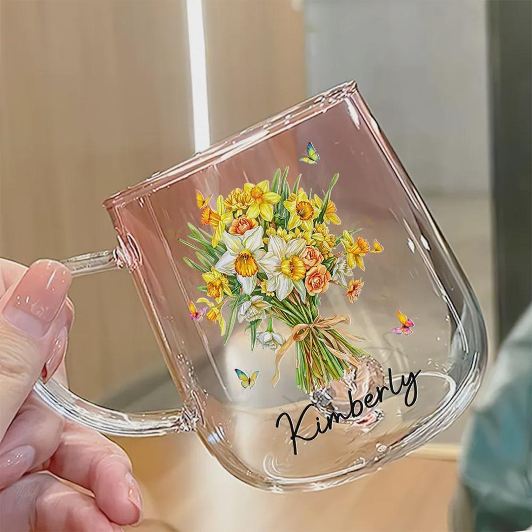 Personalized Birth Flower Glass Mug: Custom Name Pink Gradient Floral ...