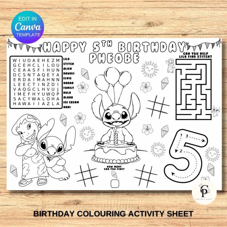 Kids Birthday Coloring Page: Printable Activity Placemat (digital ...